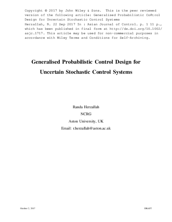 (PDF) Generalised Probabilistic Control Design for Uncertain Stochastic Control Systems
