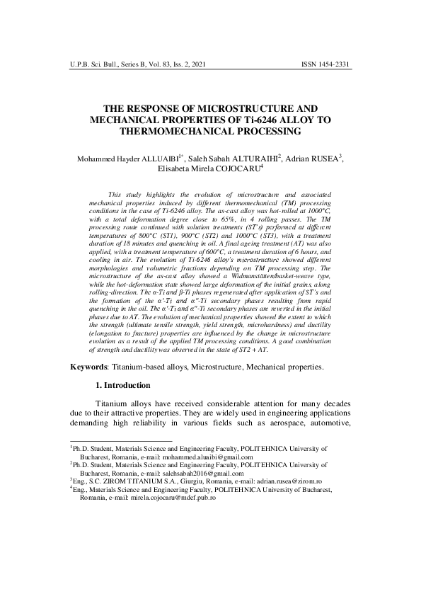 (PDF) THE RESPONSE OF MICROSTRUCTURE AND MECHANICAL PROPERTIES OF Ti-6246 ALLOY TO ...