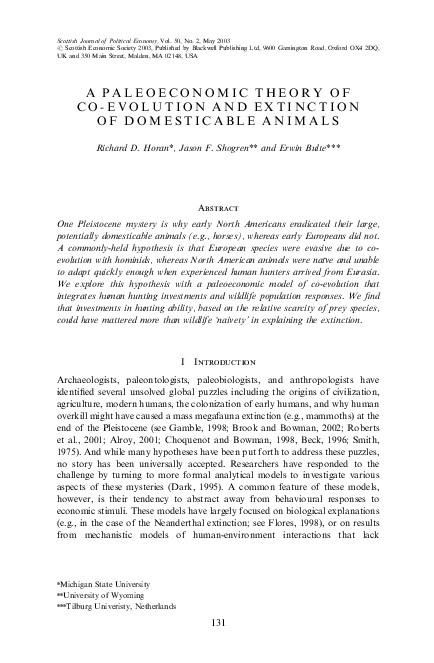 (PDF) A Paleoeconomic Theory of Co-Evolution and Extinction of Domesticable Animals | Erwin ...