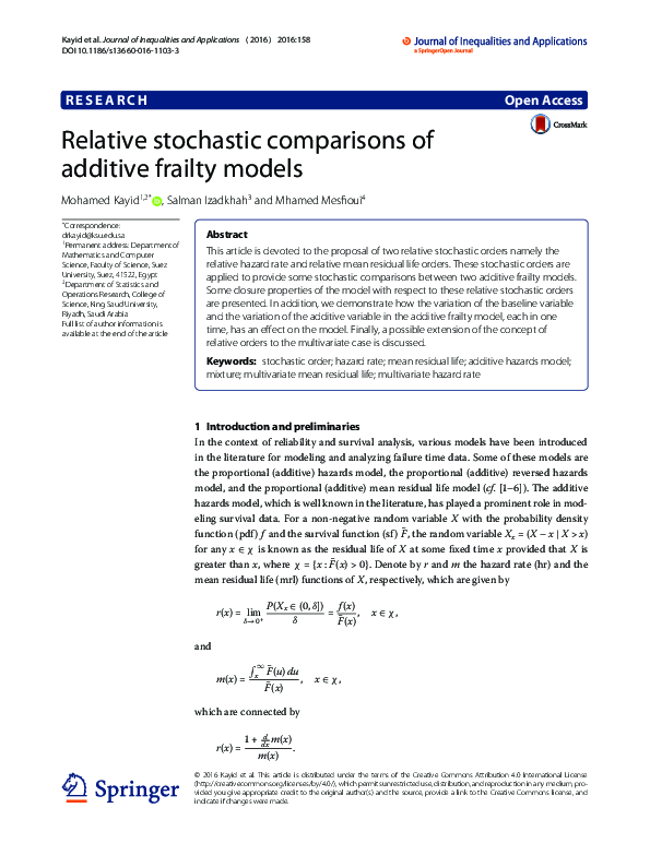 (PDF) Stochastic Comparisons of Frailty Models