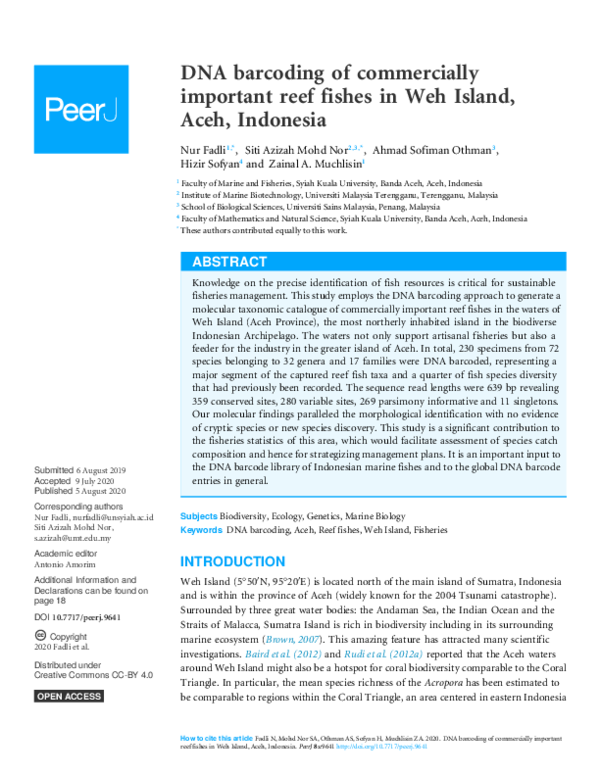 (PDF) DNA barcoding of commercially important reef fishes in Weh Island ...