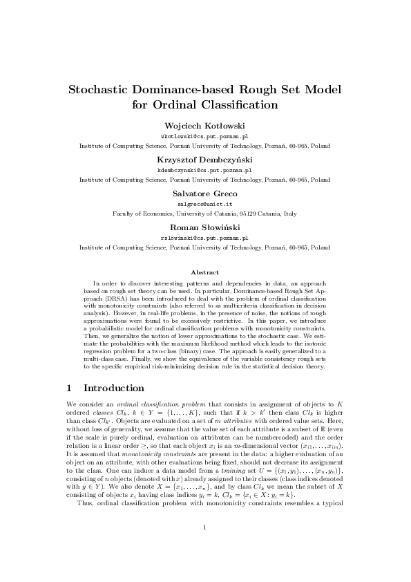 Pdf Stochastic Dominance Based Rough Set Model For Ordinal Classification