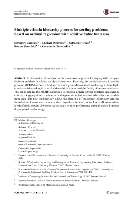 Pdf Multiple Criteria Hierarchy Process For Sorting Problems Based On Ordinal Regression With