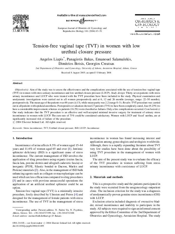 (PDF) Tension-free vaginal tape (TVT) in women with low urethral ...
