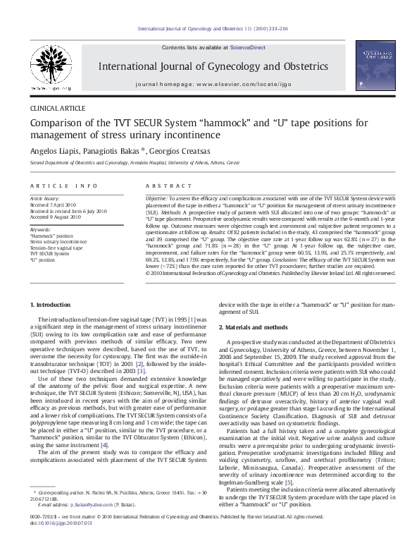 (PDF) Comparison of the TVT SECUR System “hammock” and “U” tape ...