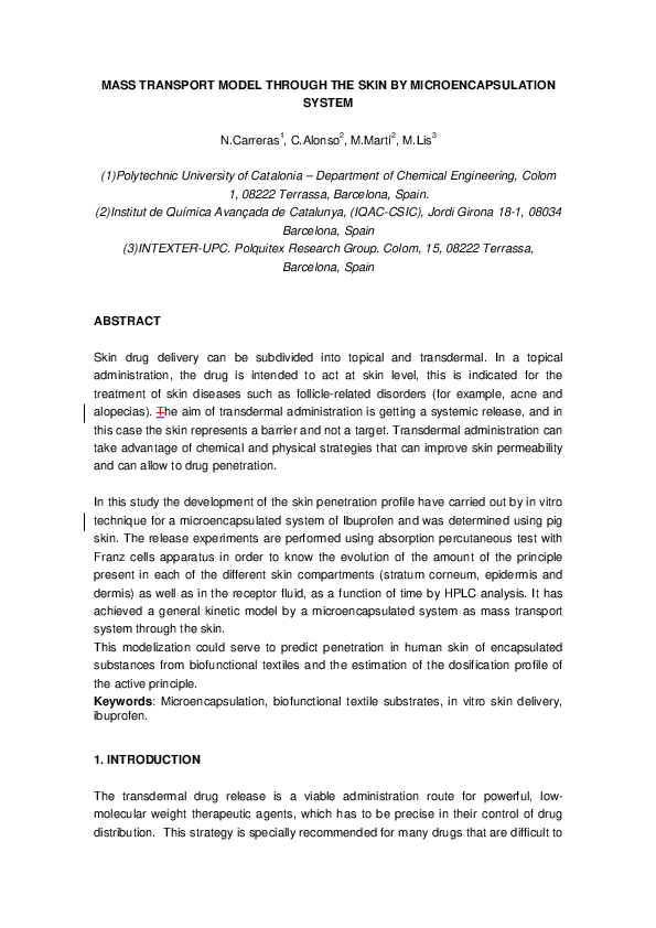 (PDF) Mass transport model through the skin by microencapsulation system