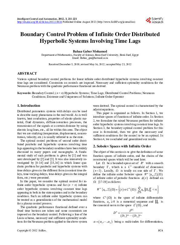 (PDF) Boundary Control Problem of Infinite Order Distributed Hyperbolic Systems Involving Time Lags