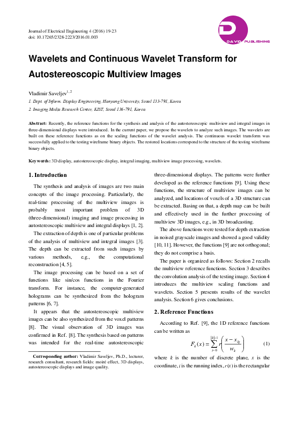 Pdf Wavelets And Continuous Wavelet Transform For Autostereoscopic Multiview Images