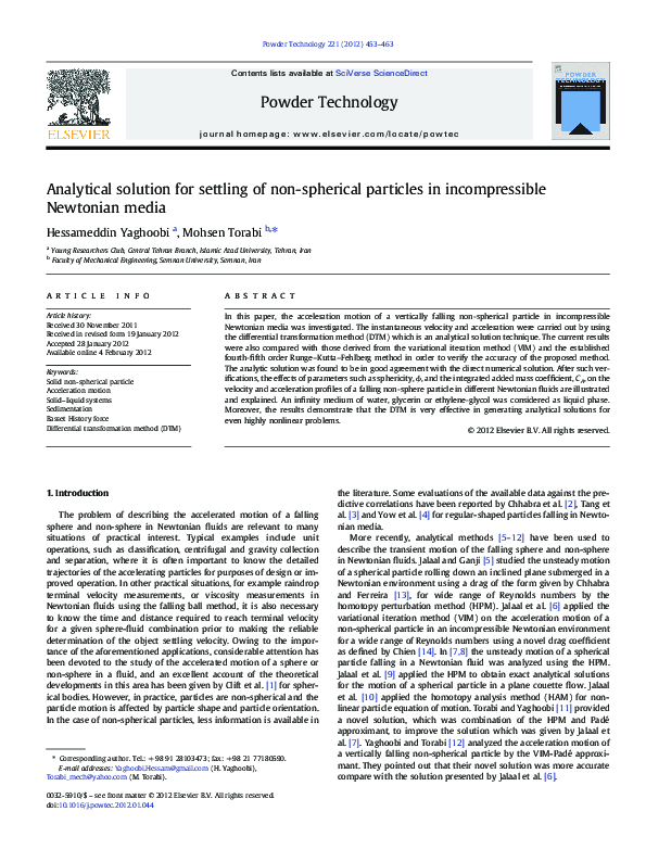 (PDF) Analytical solution for settling of non-spherical particles in ... (PDF) Analytical solution for settling of non-spherical particles in ...