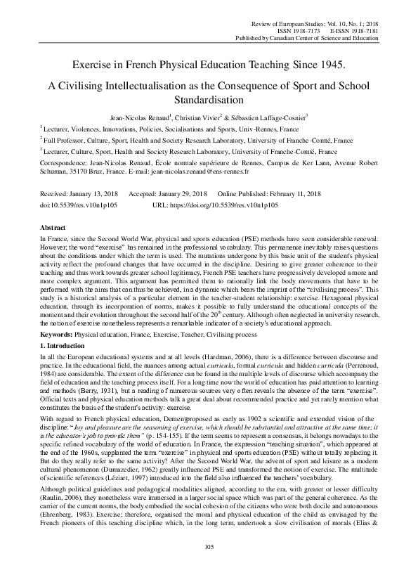 (PDF) Exercise in French Physical Education Teaching Since 1945. A ...