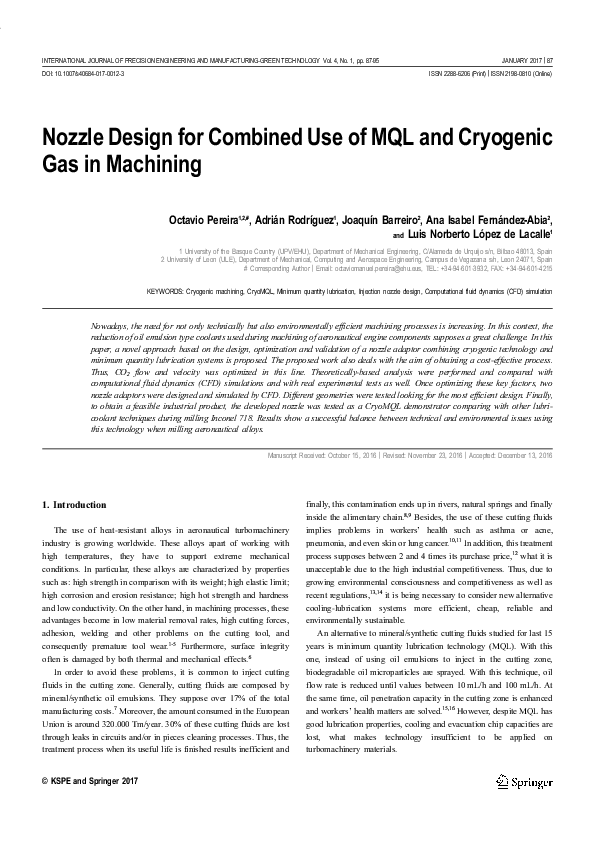 (PDF) Nozzle design for combined use of MQL and cryogenic gas in machining