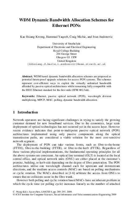 (PDF) WDM Dynamic Bandwidth Allocation Schemes for Ethernet PONs | Craig Michie - Academia.edu