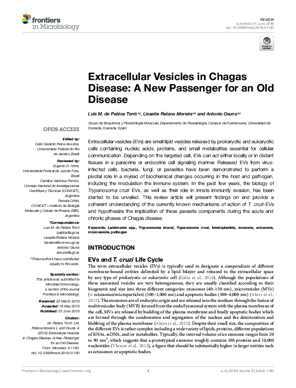 Pdf Extracellular Vesicles In Chagas Disease A New Passenger For An