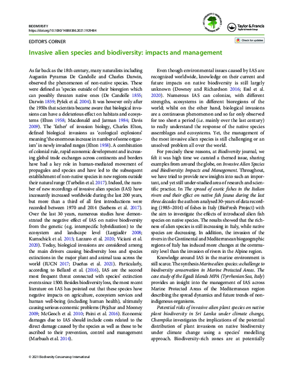 (PDF) Invasive alien species and biodiversity: impacts and management ...