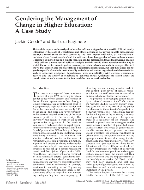 (PDF) Gendering the Management of Change in Higher Education: A Case Study