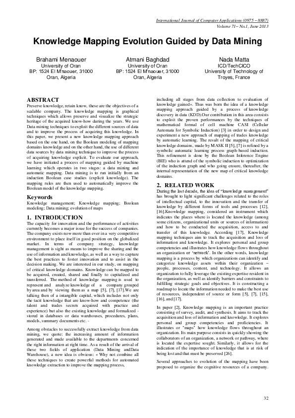 (PDF) Knowledge Mapping Evolution Guided by Data Mining | Nada Matta - Academia.edu