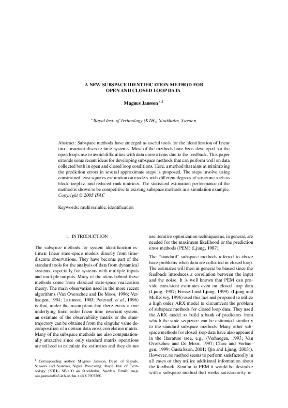 Pdf A New Subspace Identification Method For Open And Closed Loop Data