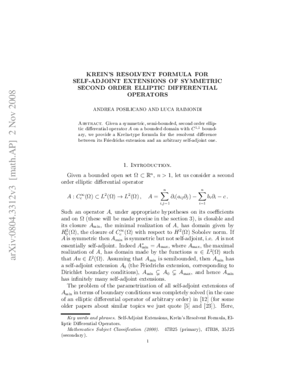 (PDF) Krein's resolvent formula for self-adjoint extensions of symmetric second-order elliptic ...