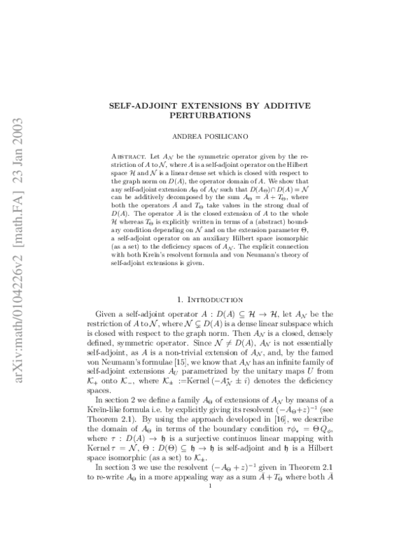(PDF) Self-Adjoint Extensions By Additive Perturbations