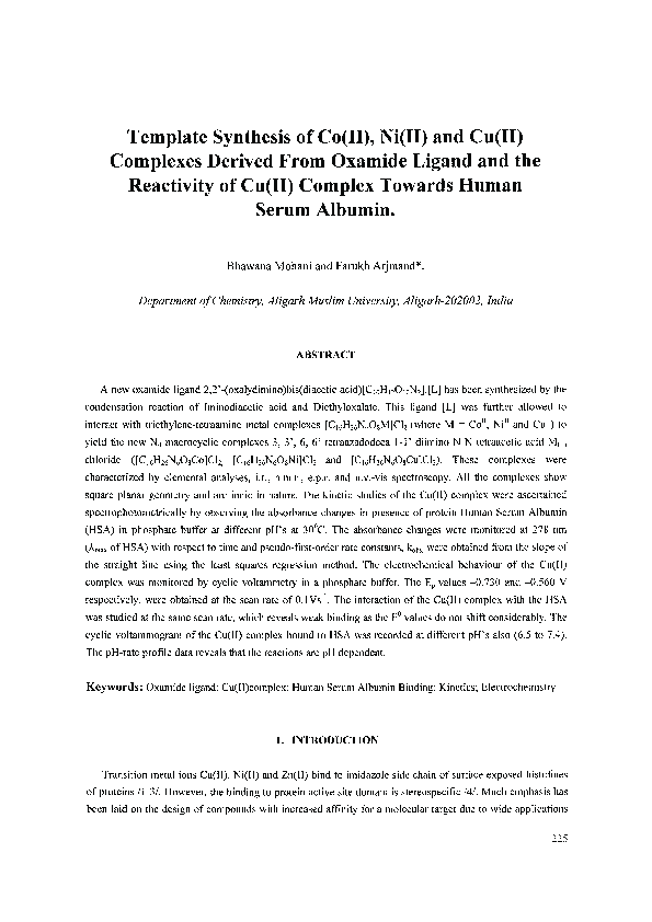 (PDF) Template Synthesis of Co(II), Ni(II) and Cu(II) Complexes Derived From Oxamide Ligand and ...