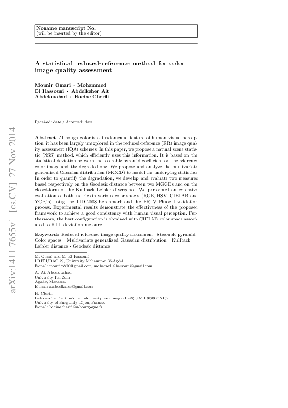 Pdf A Statistical Reduced Reference Method For Color Image Quality Assessment