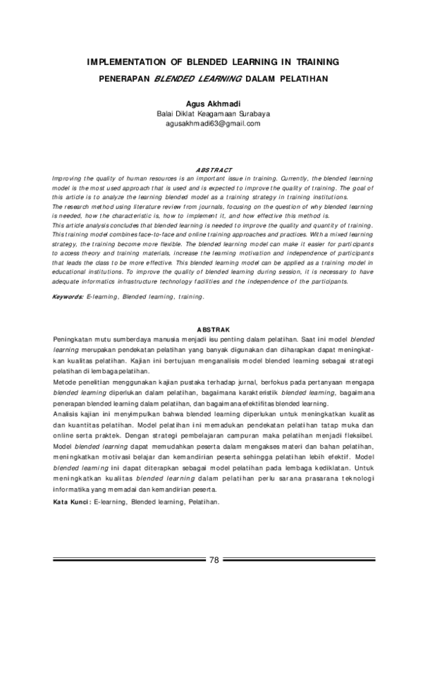 Pdf Penerapan Blended Learning Dalam Pelatihan