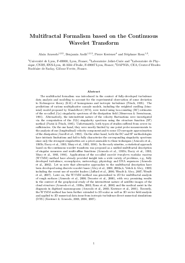 (PDF) Multifractal Formalism based on the Continuous Wavelet Transform