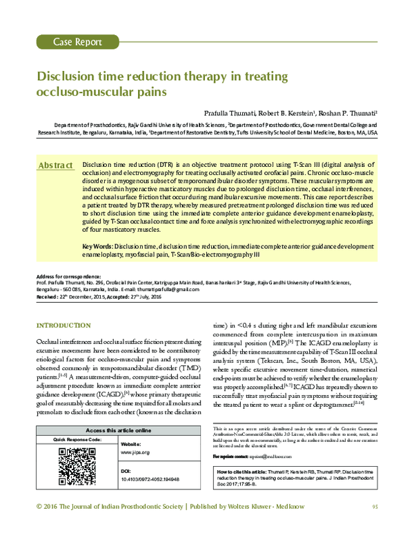 (PDF) Disclusion time reduction therapy in treating occluso-muscular pains | Prafulla Thumati ...