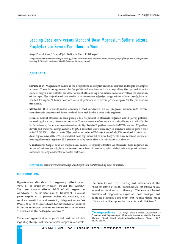 (PDF) Loading Dose only versus Standard Dose Magnesium Sulfate Seizure ...
