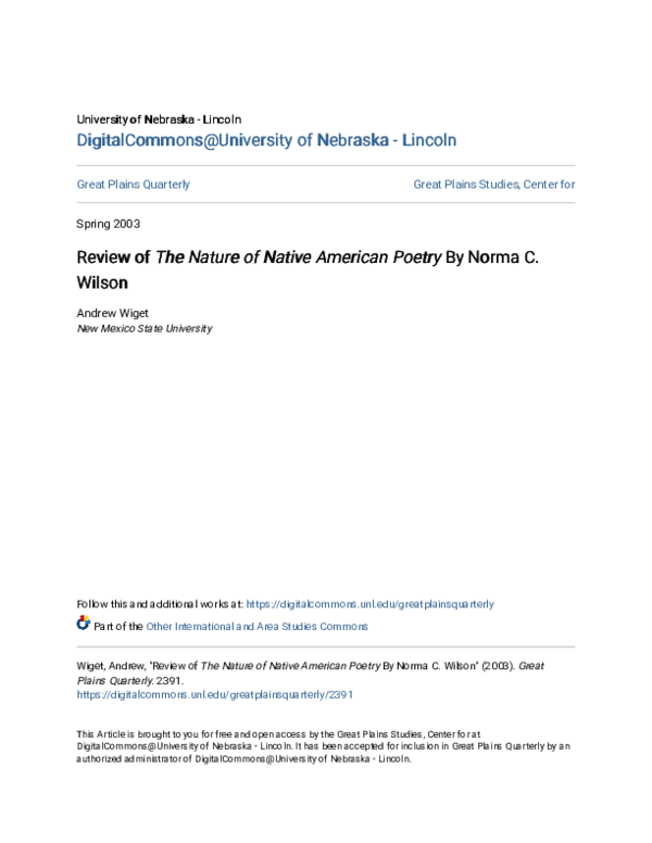 (PDF) Review of The Nature of Native American Poetry ByNorma C. Wilson