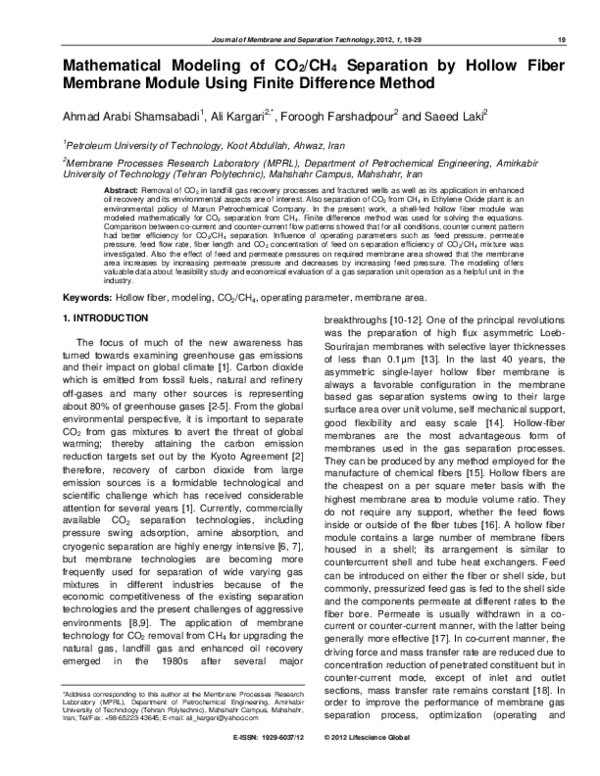 (PDF) Mathematical Modeling of CO2/CH4 Separation by Hollow Fiber ...
