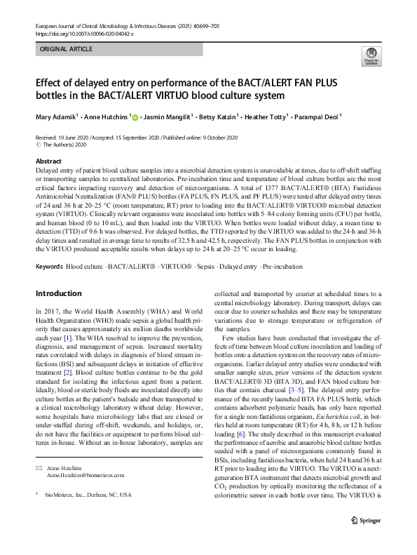 (PDF) Effect of delayed entry on performance of the BACT/ALERT FAN PLUS ...