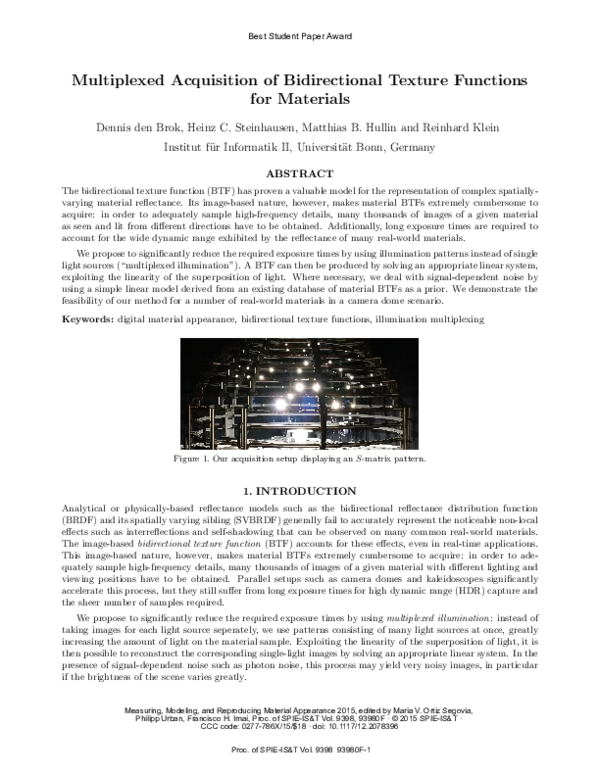 Pdf Multiplexed Acquisition Of Bidirectional Texture Functions For Materials