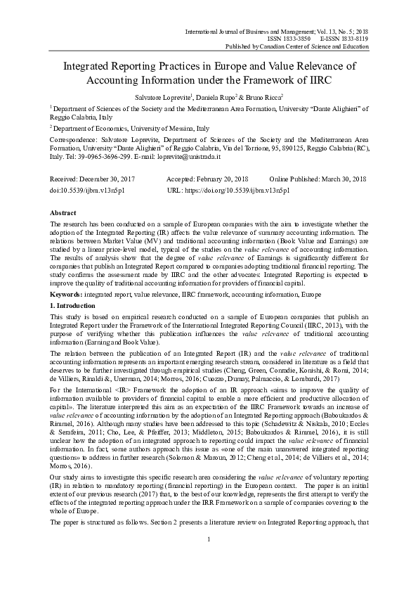 (PDF) Integrated Reporting Practices in Europe and Value Relevance of ...