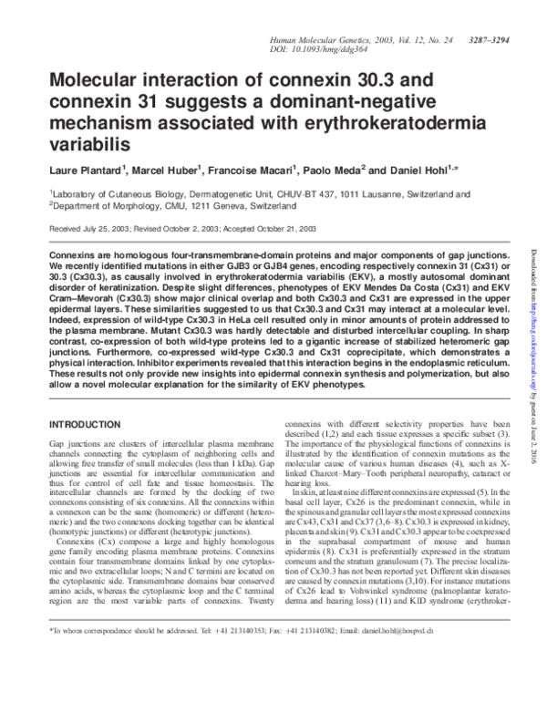 (PDF) Molecular interaction of connexin 30.3 and connexin 31 suggests a ...