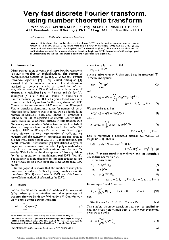 Pdf Very Fast Discrete Fourier Transform Using Number Theoretic Transform