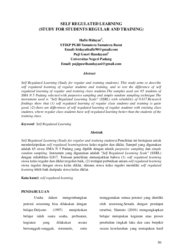 (PDF) Self Regulated Learning (Study for Students Regular and Training)