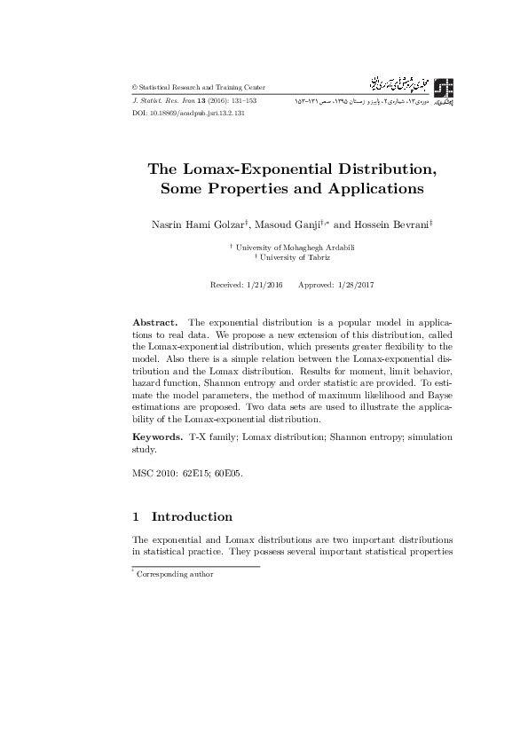 (PDF) The Lomax-Exponential Distribution, Some Properties and Applications
