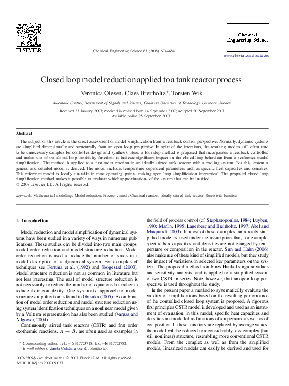 (PDF) Closed loop model reduction applied to a tank reactor process