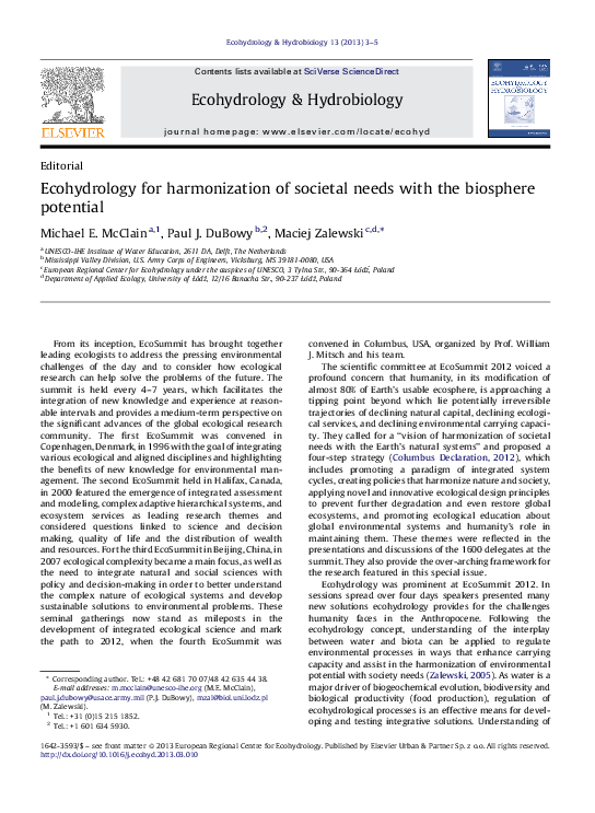 (PDF) Ecohydrology for harmonization of societal needs with the biosphere potential