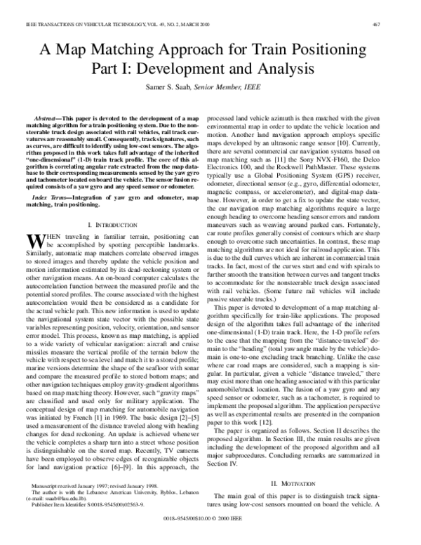 Pdf A Map Matching Approach For Train Positioning I Development And Analysis