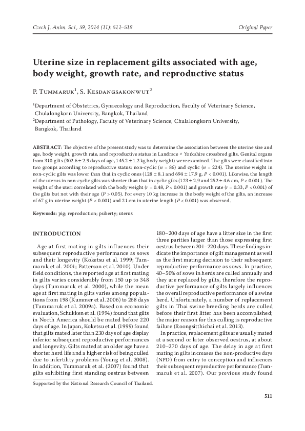 (PDF) Uterine size in replacement gilts associated with age, body ...