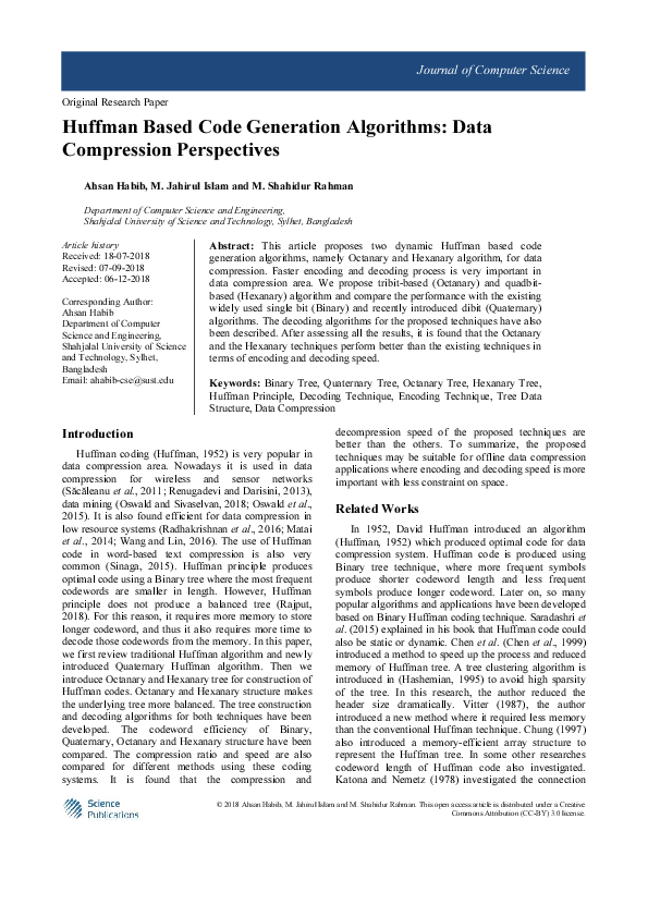 (PDF) Huffman Based Code Generation Algorithms: Data Compression Perspectives