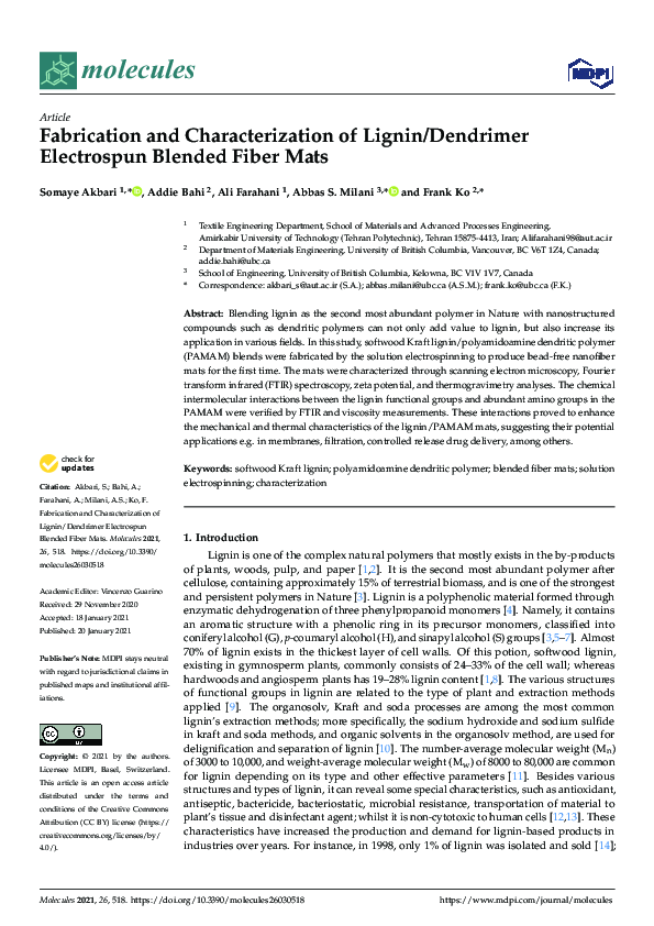 (PDF) Fabrication and Characterization of Lignin/Dendrimer Electrospun Blended Fiber Mats