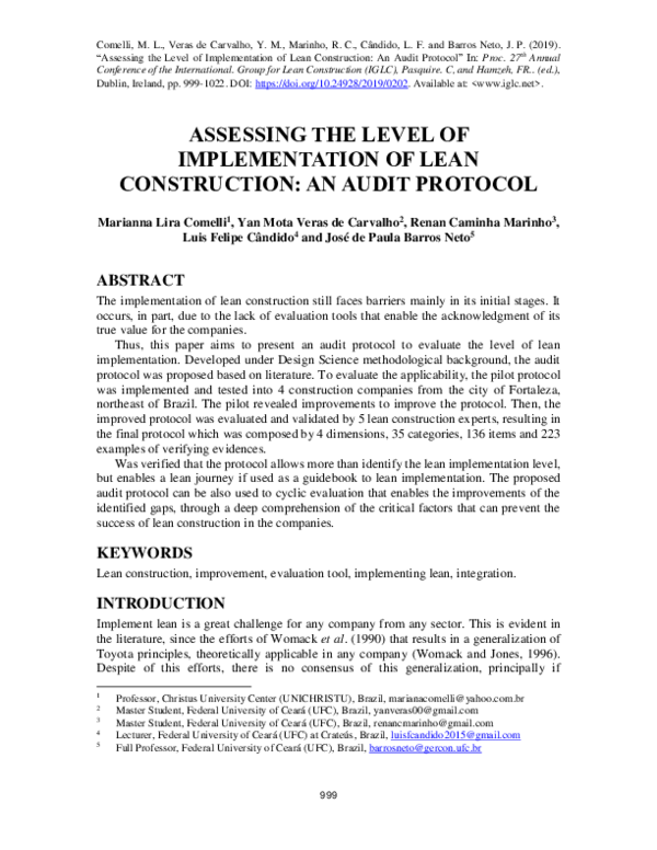 Pdf Assessing The Level Of Implementation Of Lean Construction An Audit Protocol