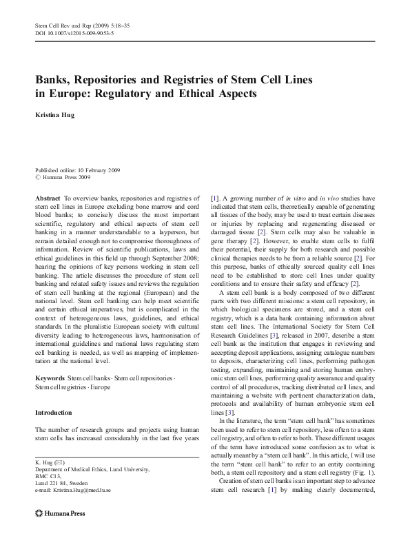 (PDF) Banks, Repositories and Registries of Stem Cell Lines in Europe ...