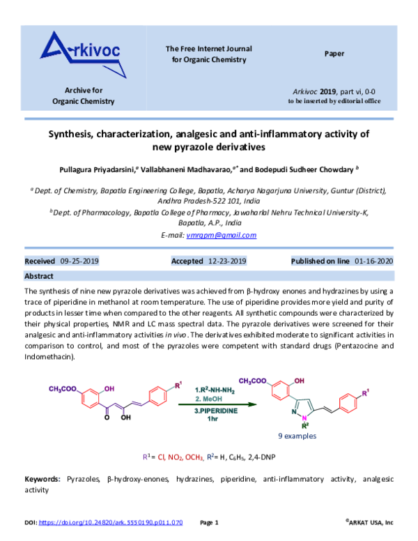 (PDF) Synthesis, characterization, analgesic and anti-inflammatory activity of new pyrazole ...