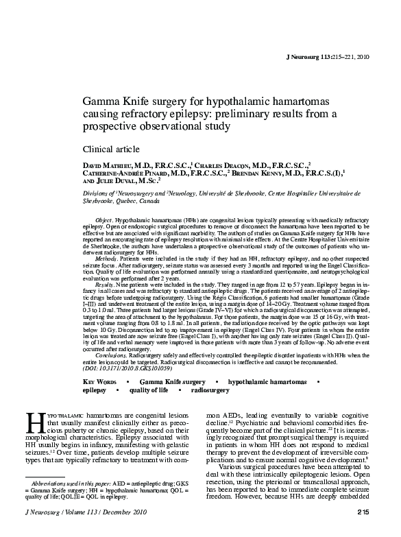 (PDF) Gamma Knife surgery for hypothalamic hamartomas causing refractory epilepsy: preliminary ...