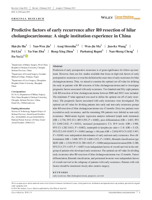 Pdf Predictive Factors Of Early Recurrence After R0 Resection Of Hilar Cholangiocarcinoma A