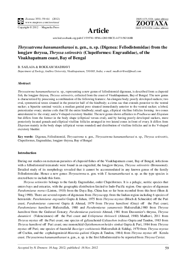 (PDF) Thryssatrema hanumantharaoi n. gen., n. sp. (Digenea ...